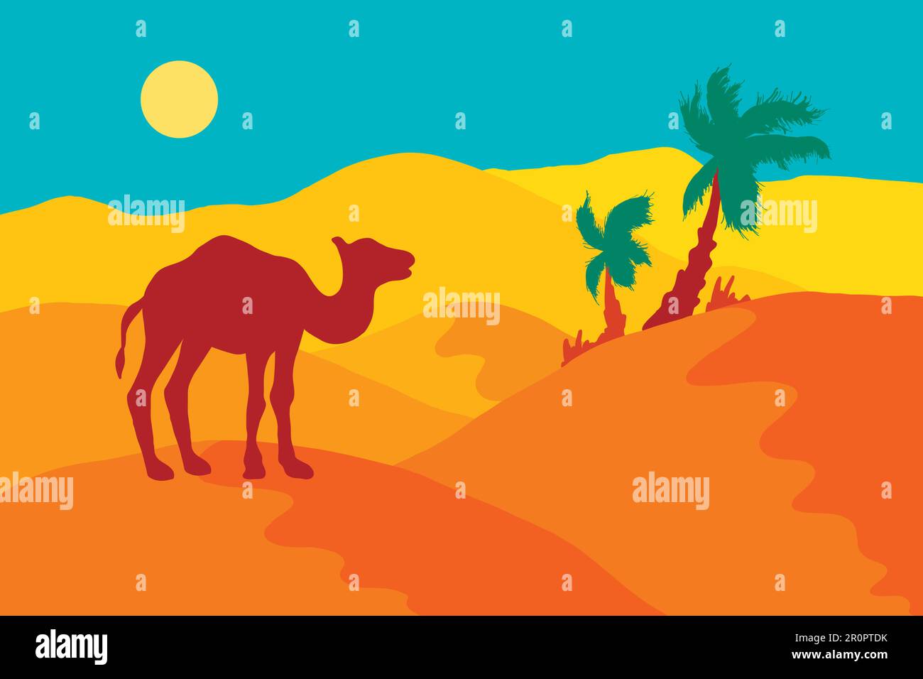 Desert landscape with camel, palm trees and sun. Vector Stock Vector ...