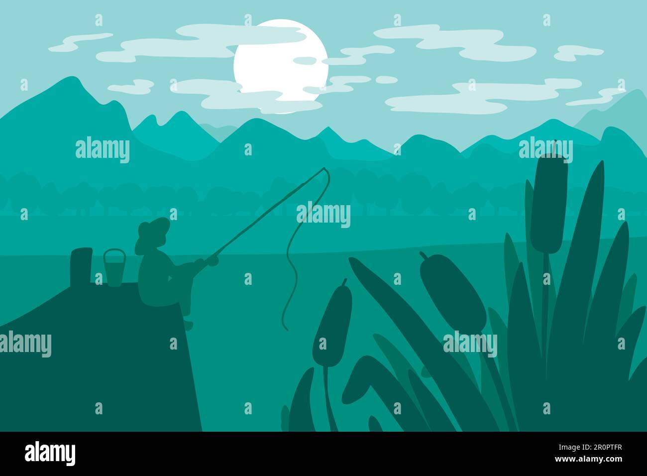 Fisherman sitting with a fishing rod on the bridge on the river near ...