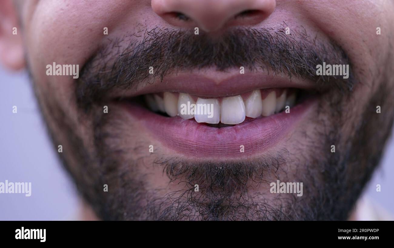 One happy MIddle Eastern man closeup mouth smile in macro. Bearded male ...