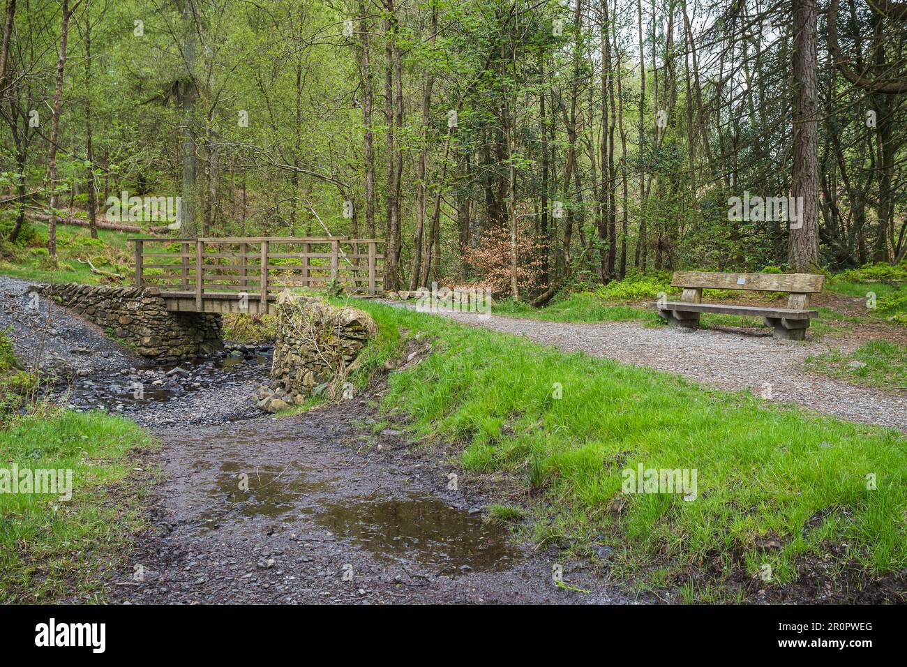 A bench pictured next to a small stream from the High Dam Tarn in the ...