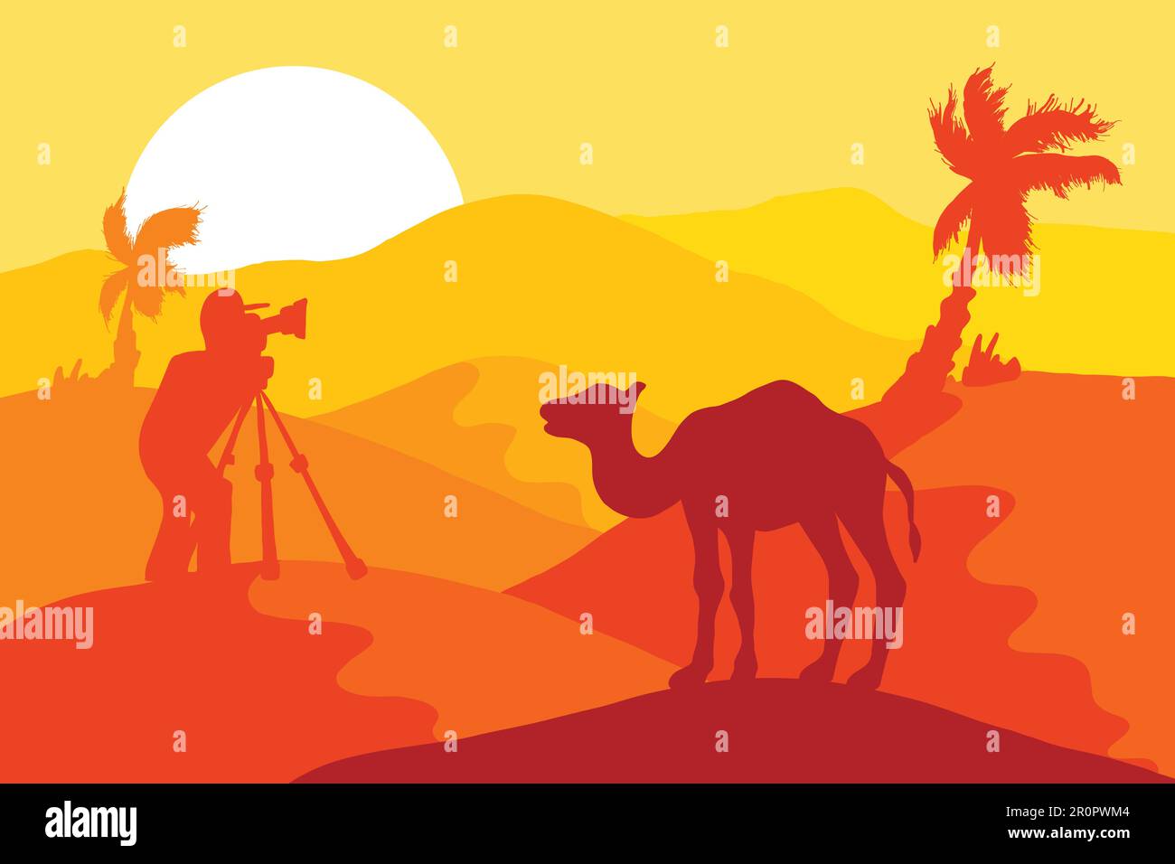 Sand Desert With Camel and Photographer, palm trees and sun. Vector ...