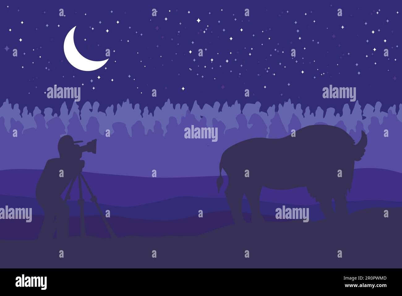 Landscape with wild bizon on field. Prairie landscape. Night with moon ...
