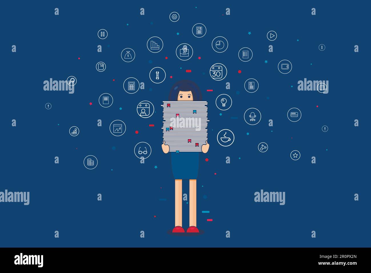 Office worker with big stack of paper. She has a lot of work. All hands ...