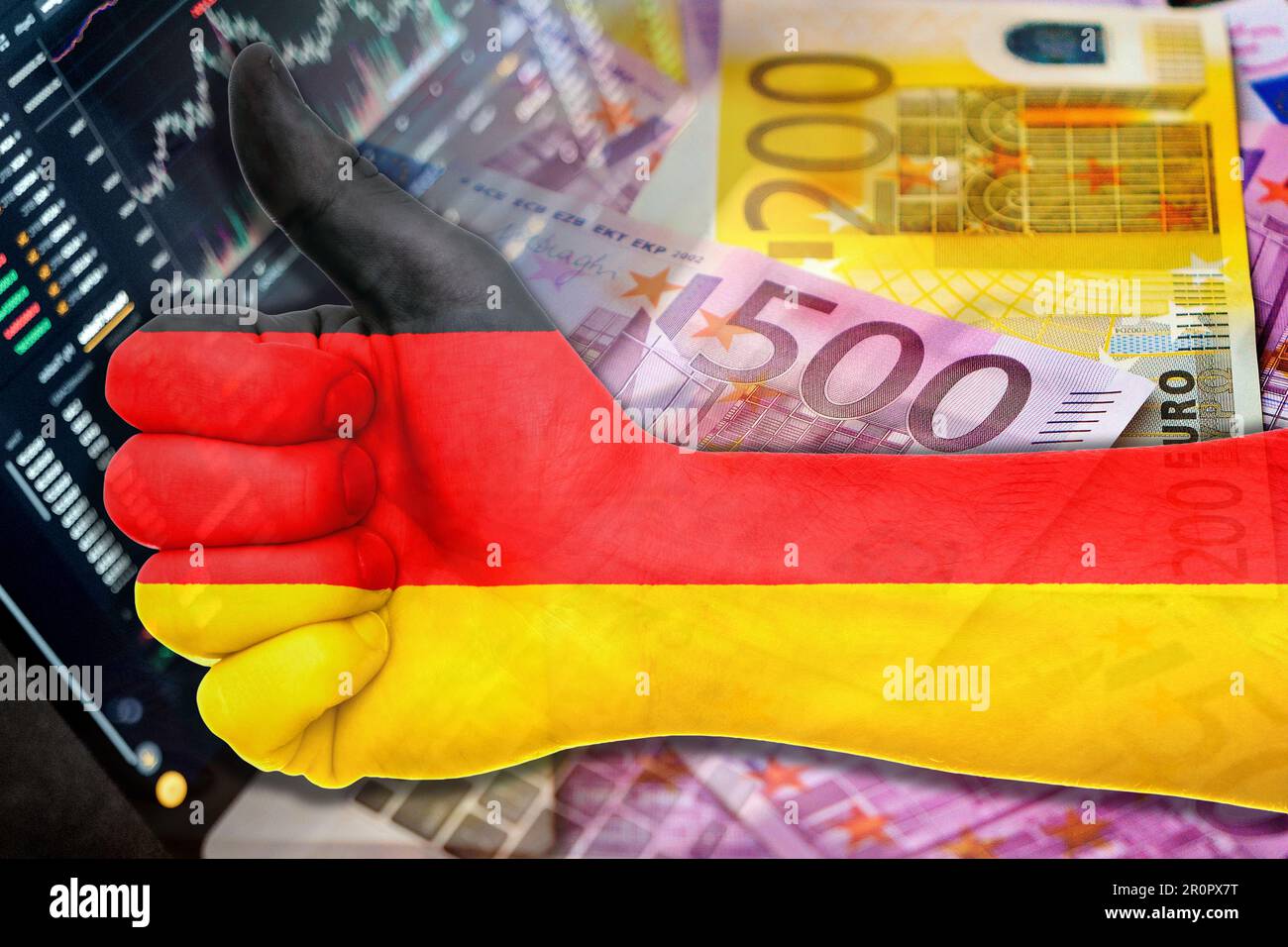 Economy graph: thumb up with Germany flag, stock market indicators and ...