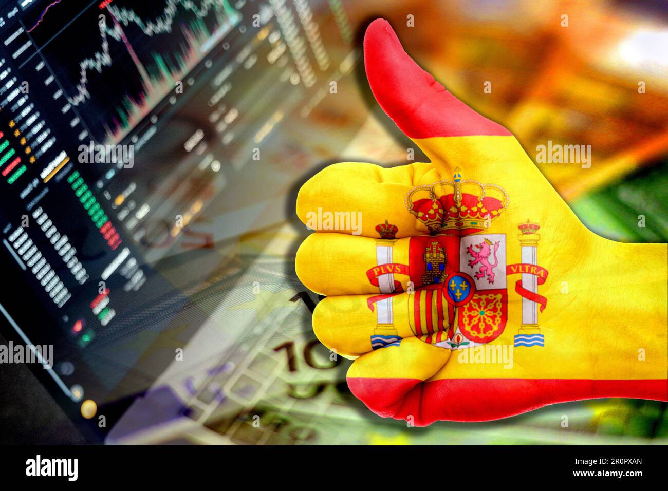 Economy graph: thumb up with flag of Spain, stock market indicators and ...