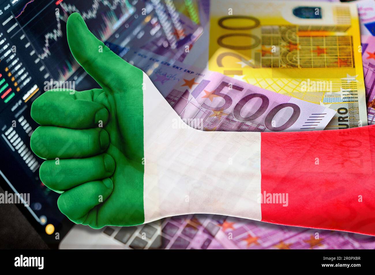 Economy graph: thumb up with flag of Italy, stock market indicators and ...