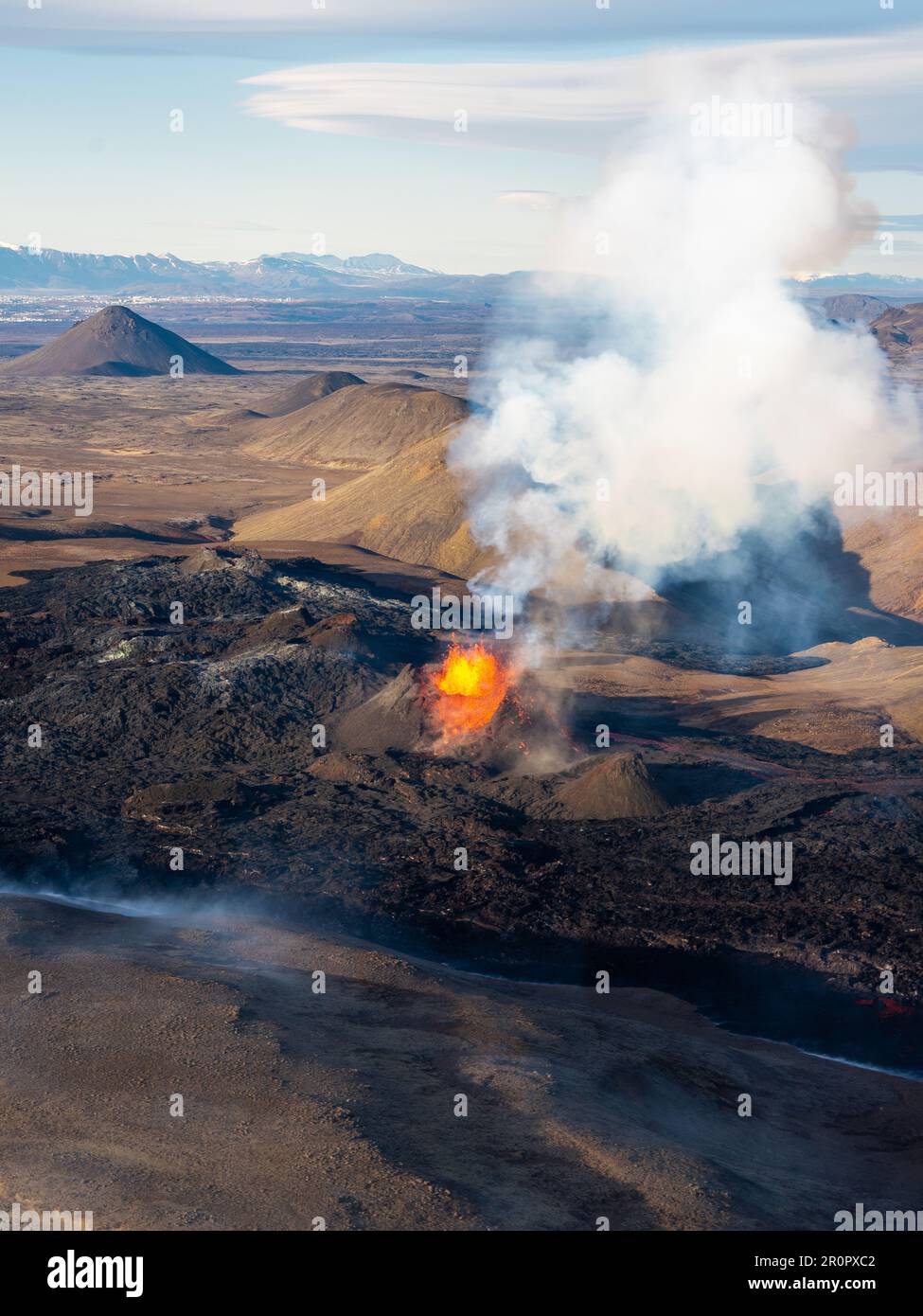 An aerial view of an erupting volcano in Iceland Stock Photo - Alamy