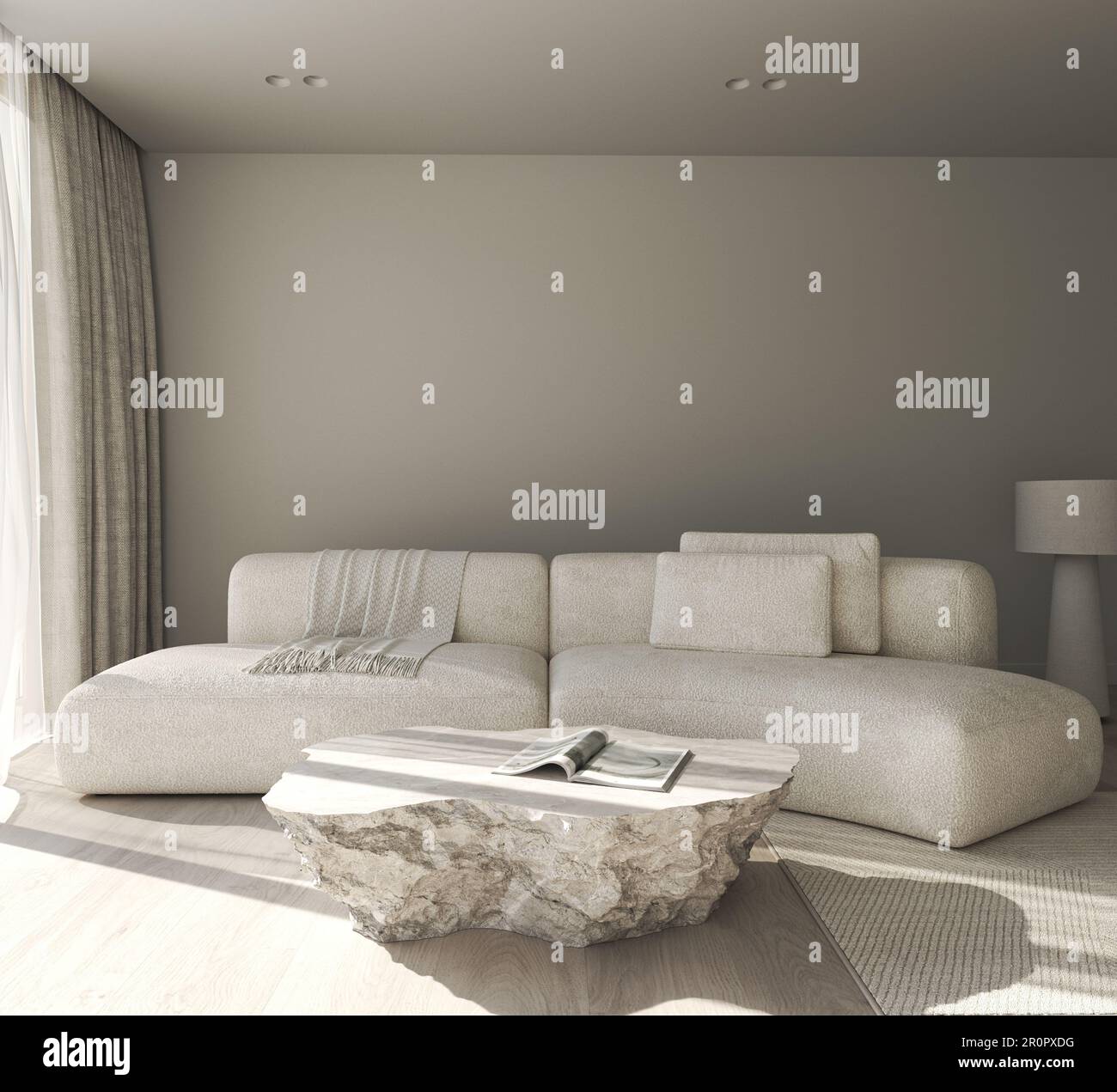 Creative modern grey interior living room with sunlight, stone table ...