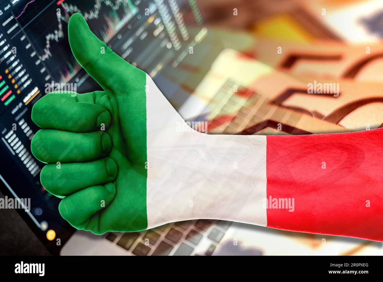 Economy graph: thumb up with flag of Italy, stock market indicators and ...