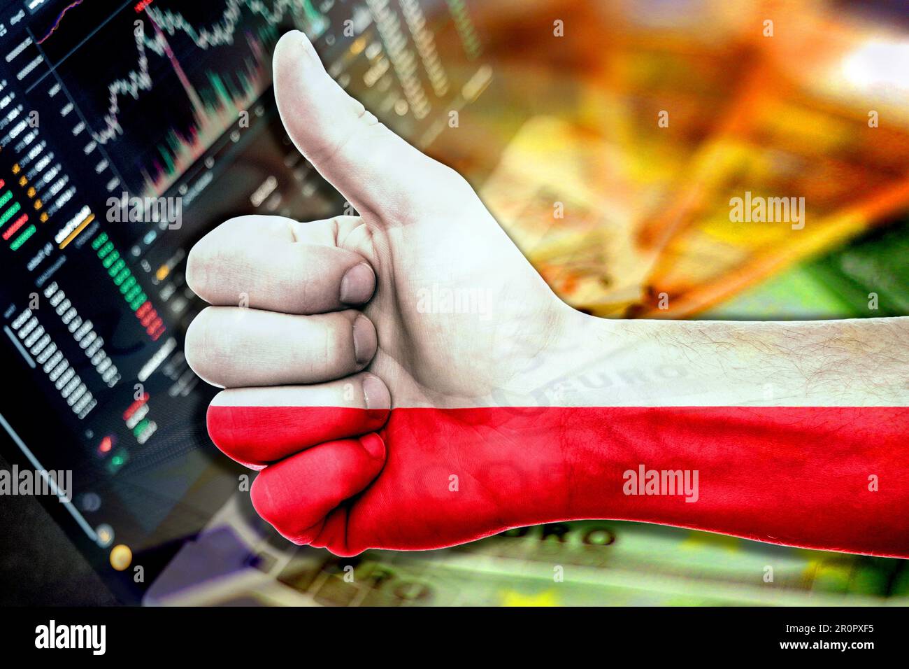 Economy graph: thumb up with Poland flag, stock market indicators and ...