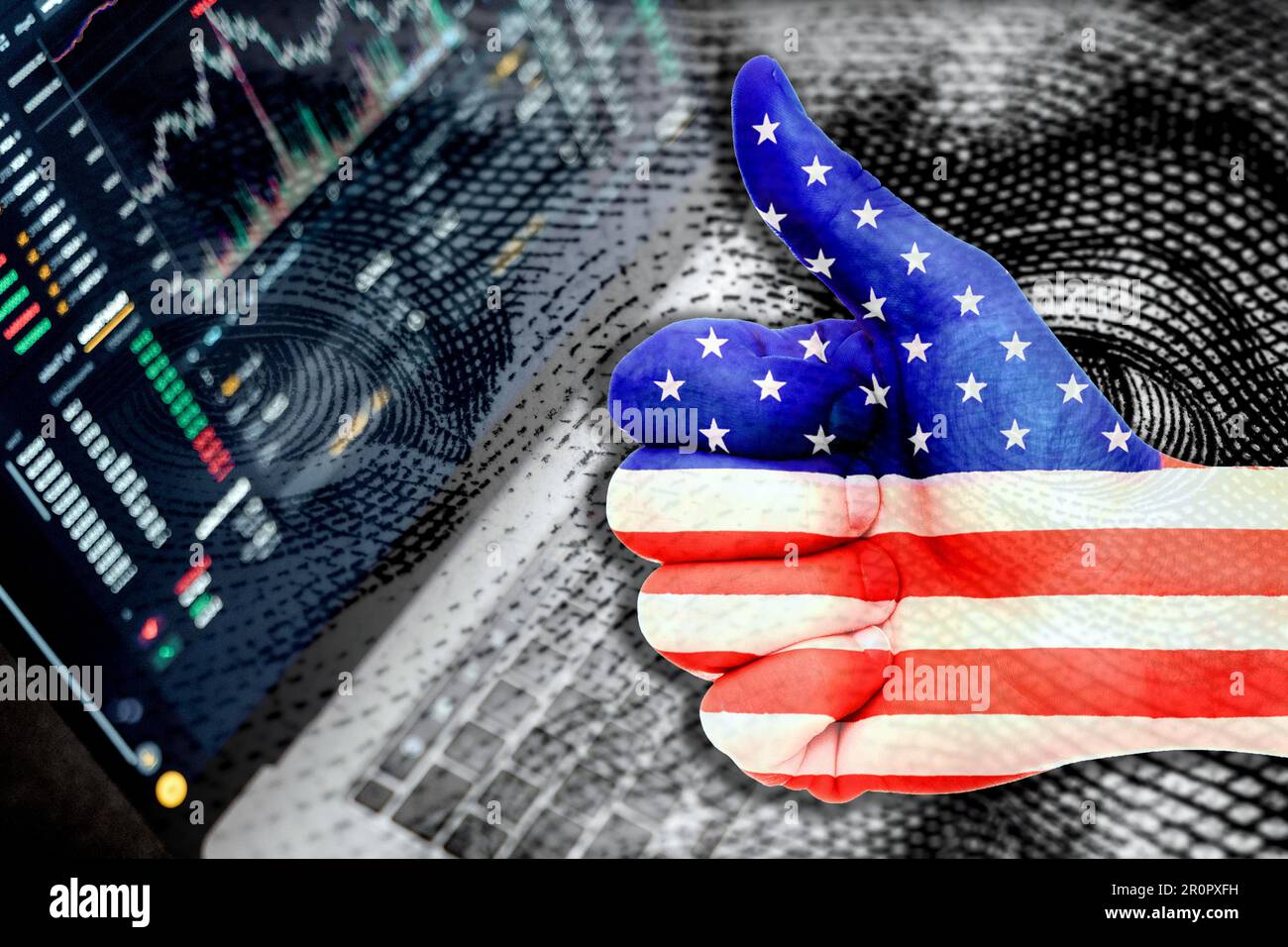 Economy graph: thumb up with USA flag, stock market indicators and cash ...