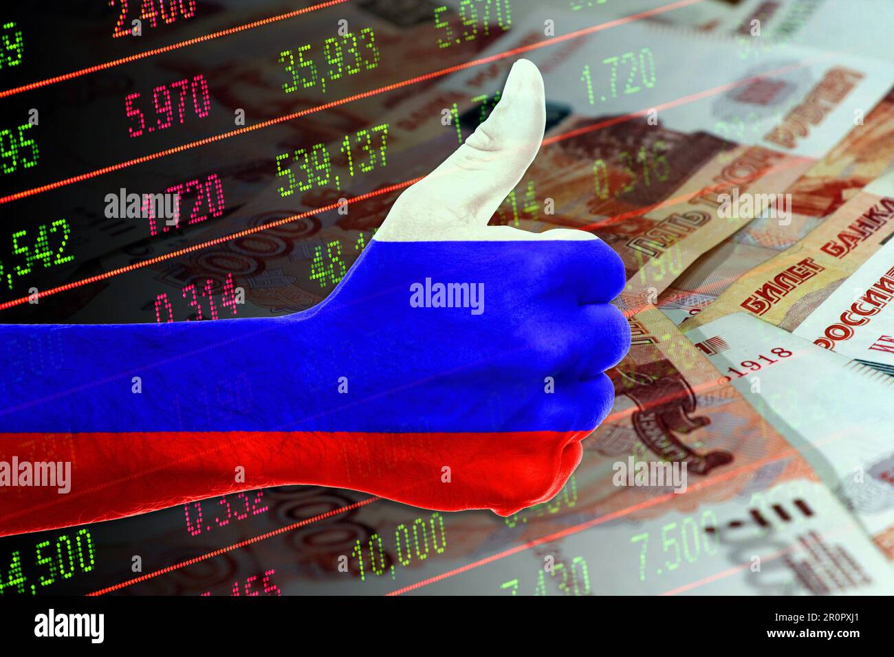 Economy graph: thumb up with Russia flag, stock market indicators and ...