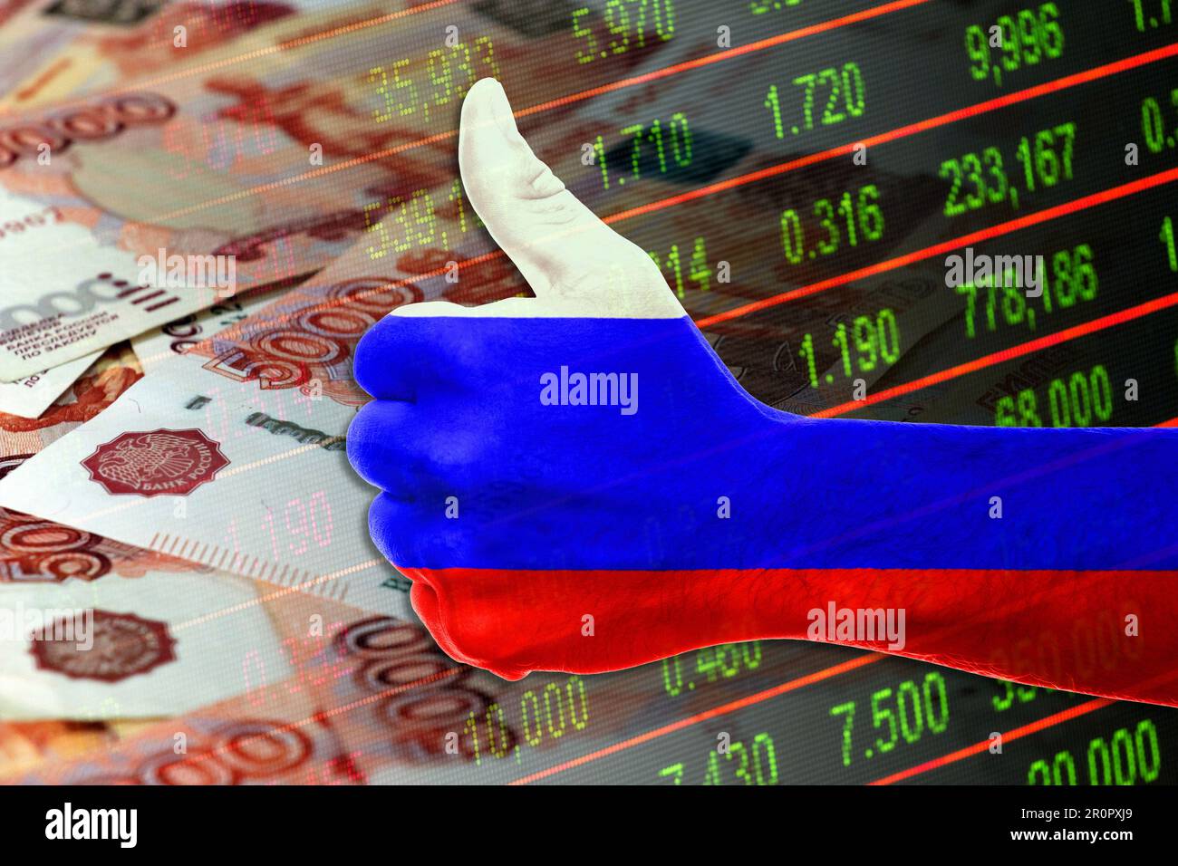 Economy graph: thumb up with Russia flag, stock market indicators and ...