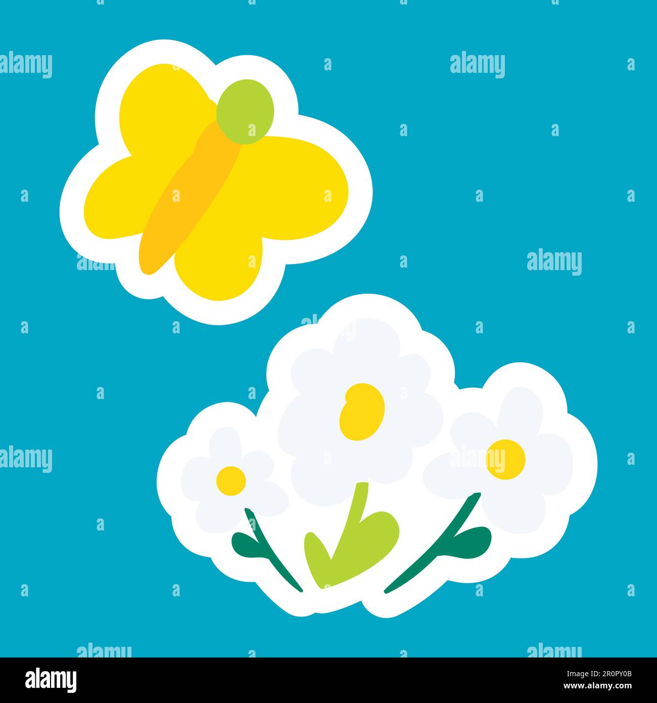 Vector Romantic Spring Patch in doodle cartoon style. Buttefly with ...