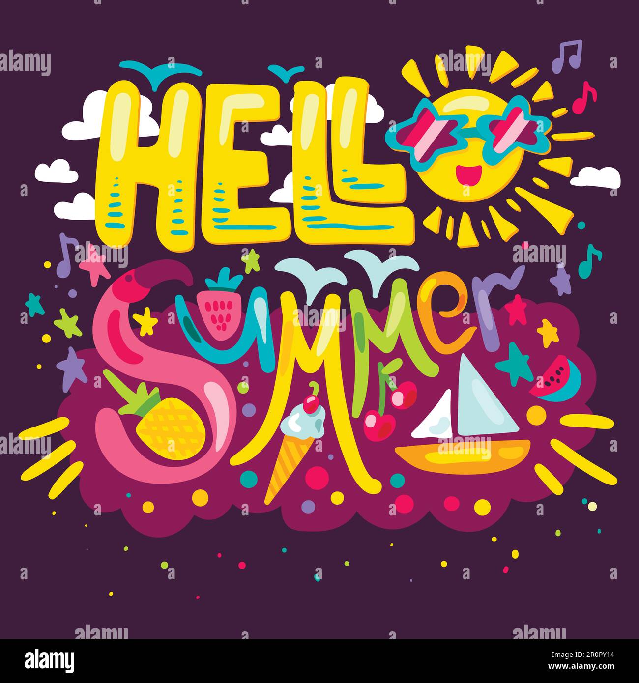 Hello Summer Concept With Fruits, Ice Cream, Flamingos, Yacht and Sun ...