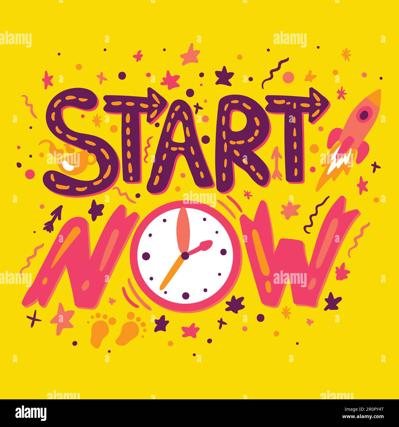 Motivational and inspirational art. Start now with steps, clocks and ...
