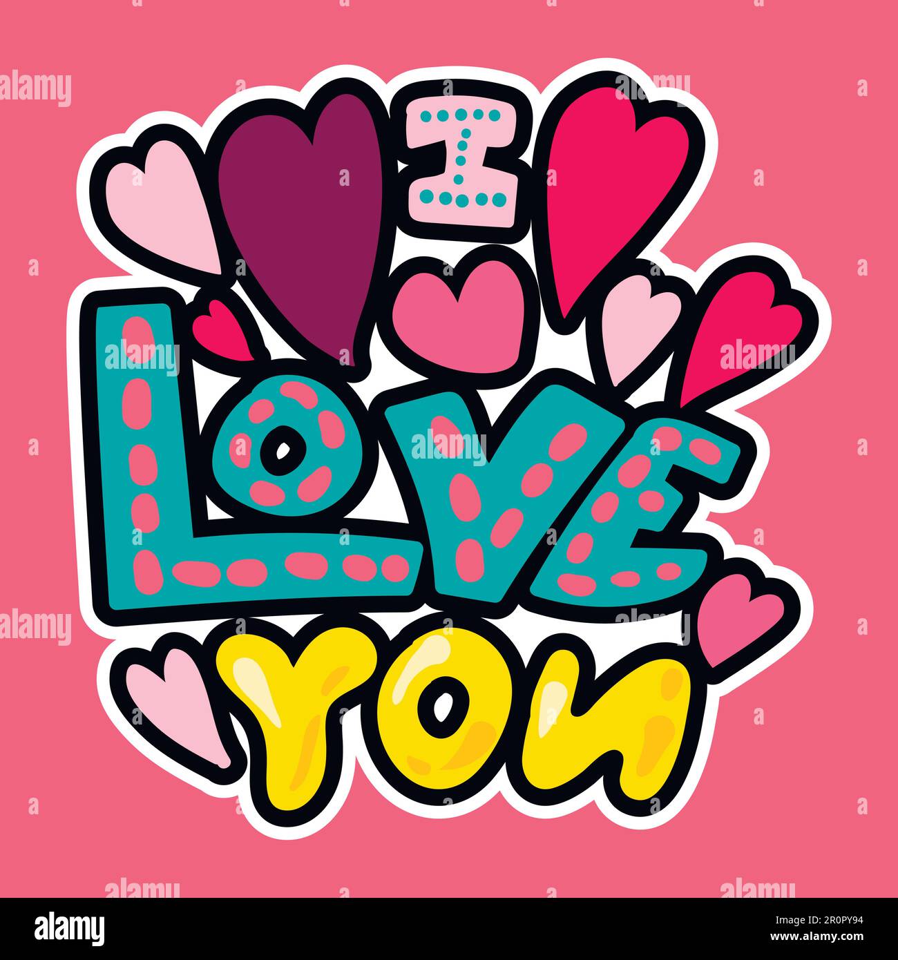 Vector Romantic Love Patch in doodle cartoon style. I love you. Girl ...