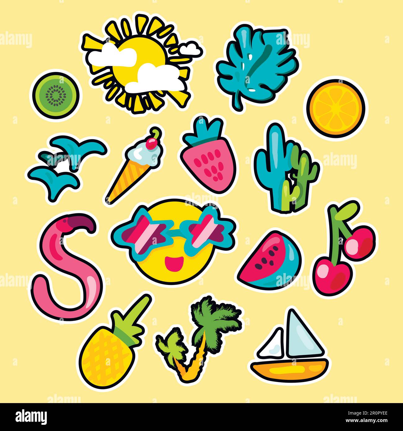 Vector Tropical Summer Patches Set in doodle style with shape. Fruits ...