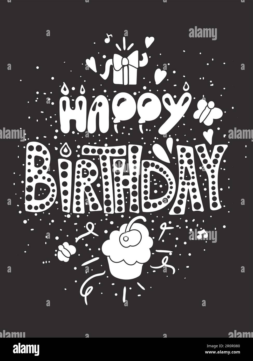 Happy Birthday Greeting Card in black white theme with gift and cupcake ...