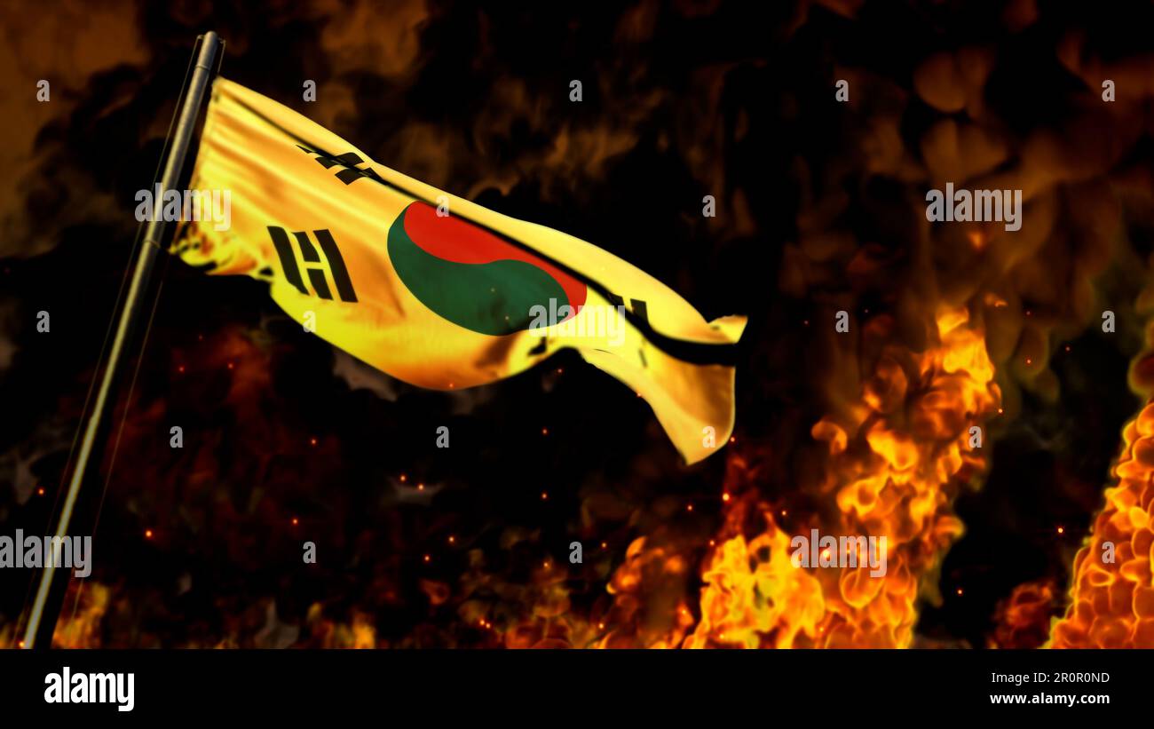 flag of Republic of Korea (South Korea) on burning fire background ...
