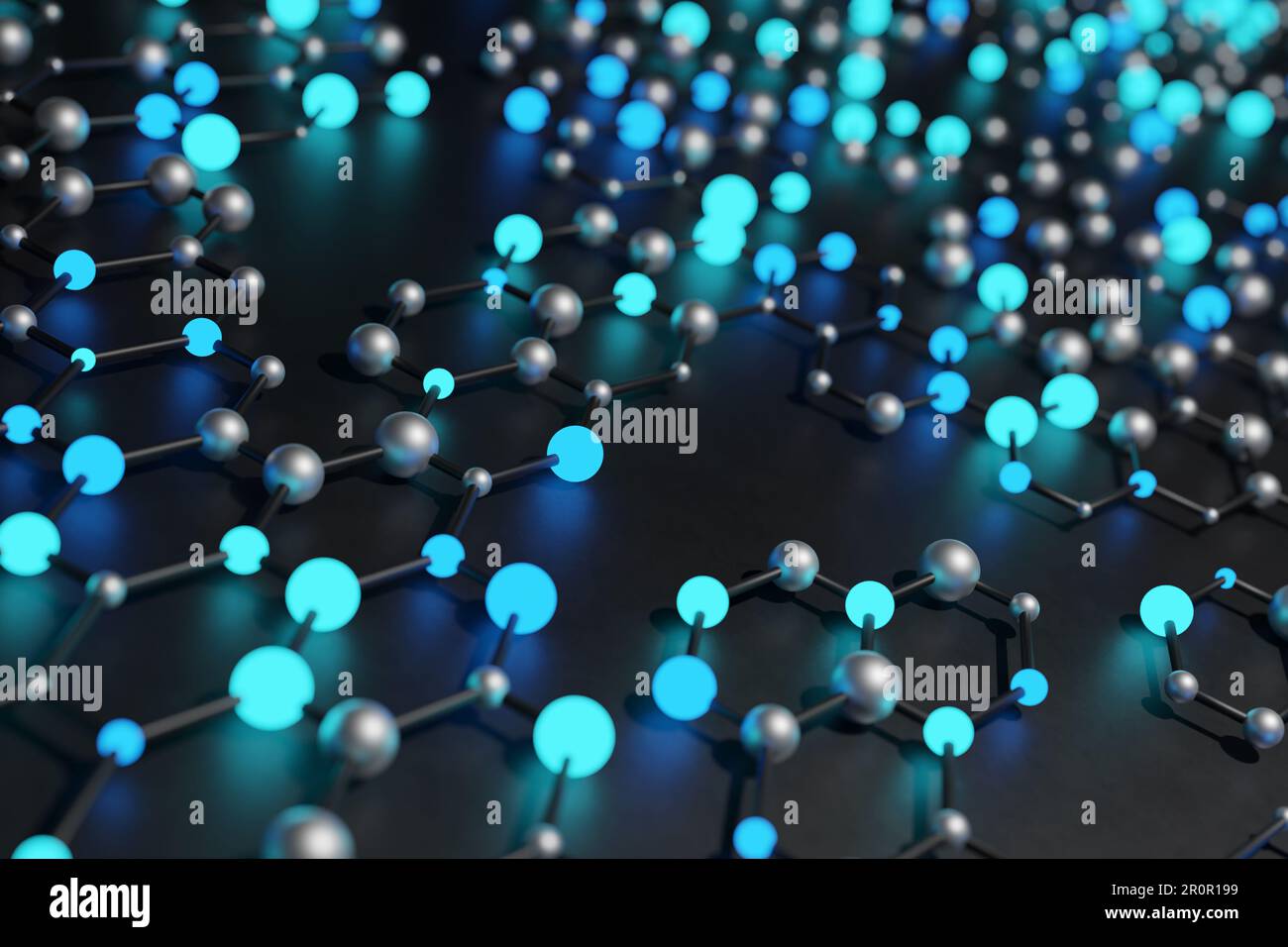 Neon glowing blue and cyan spheres connected by metallic rods to form ...