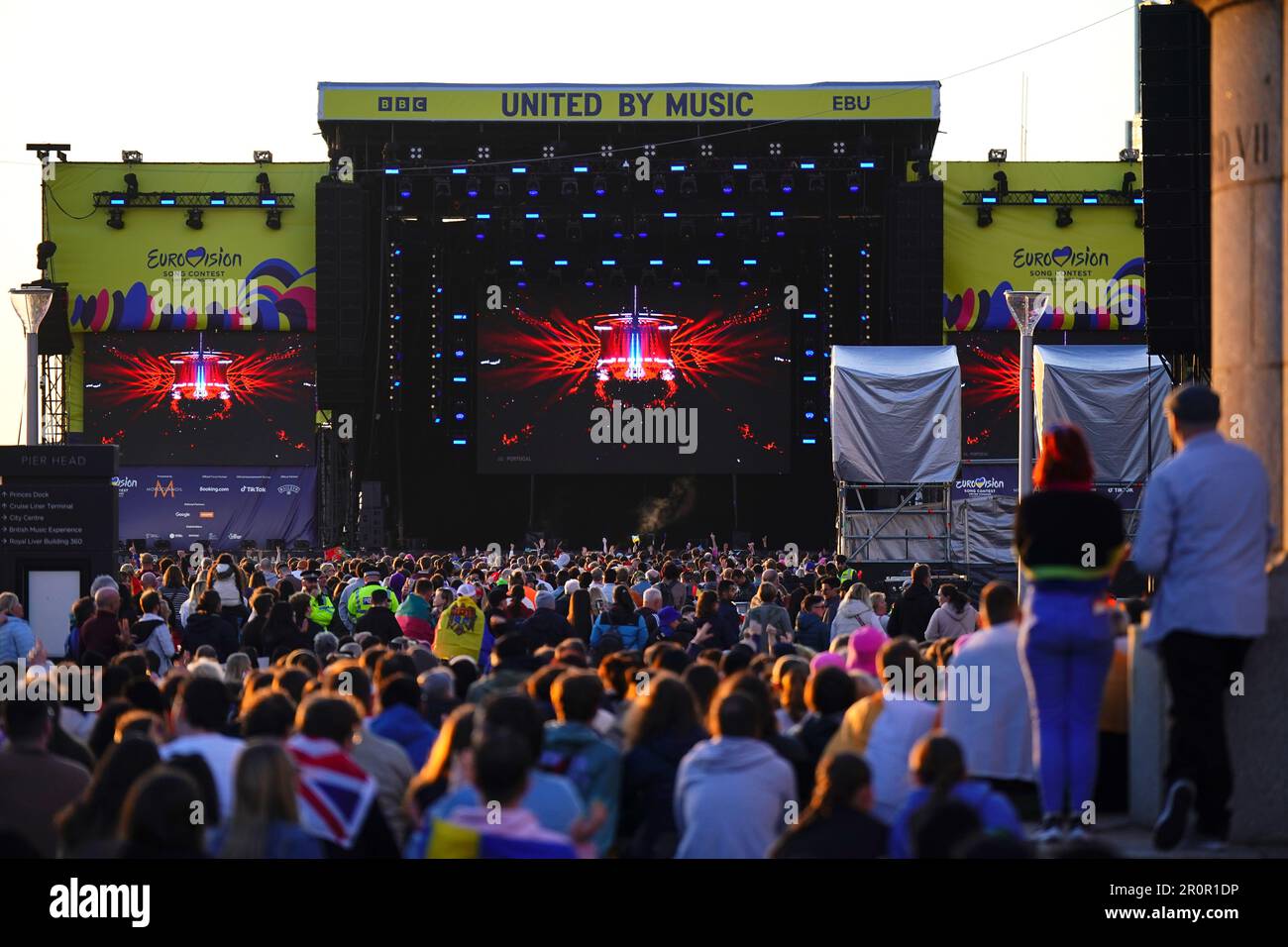 People in Eurovision Village at Pier Head in Liverpool watching the ...