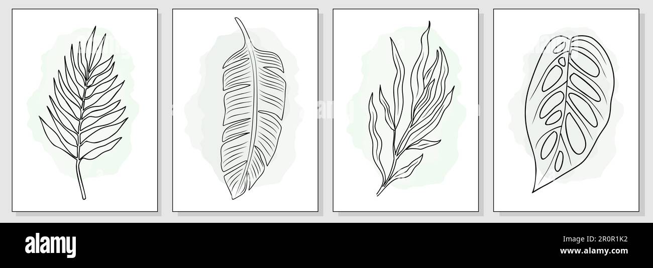 Abstract Tropical leaves Line Drawing Print Set Stock Vector Image ...