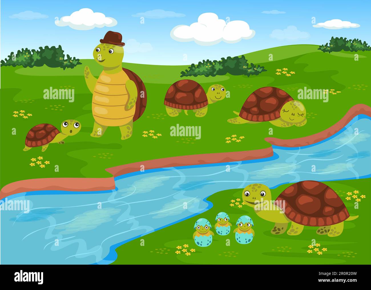 Turtles families with kids walking on meadow Stock Vector Image & Art ...