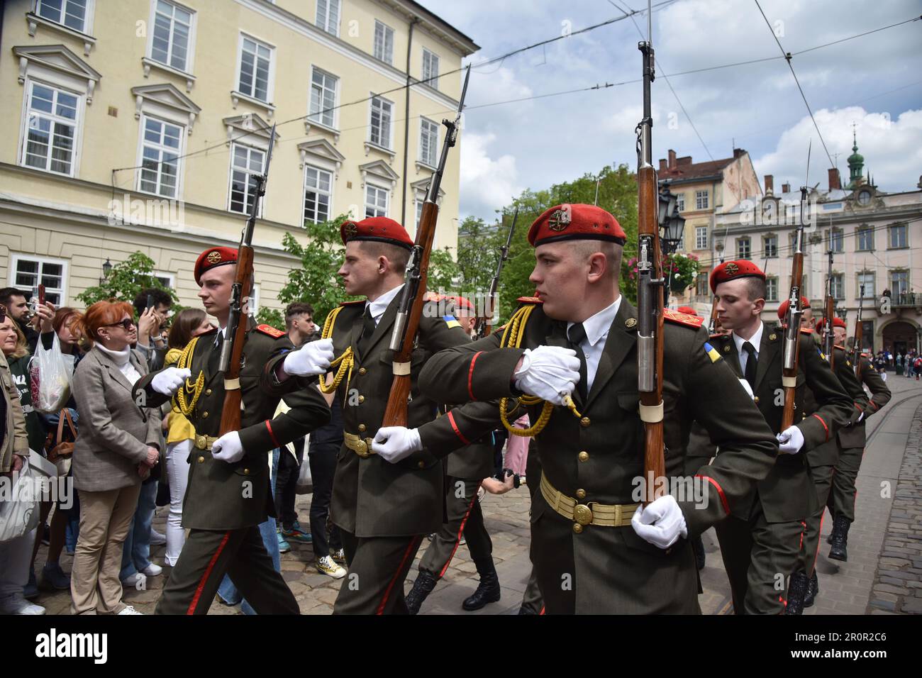 Lviv, Ukraine. 06th May, 2023. Honor guard march with rifles during the ...