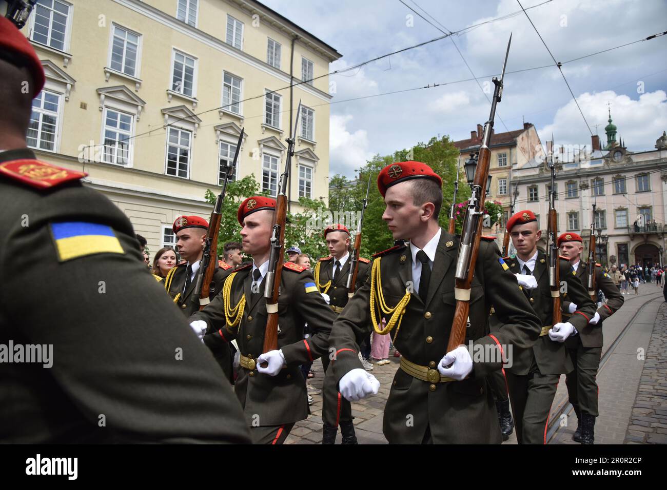 Lviv, Ukraine. 06th May, 2023. Honor guard march with rifles during the ...