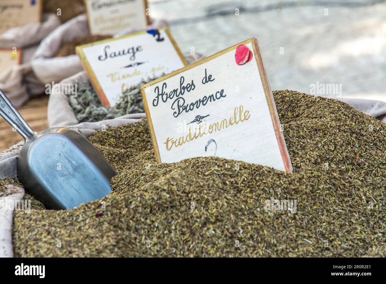 Herbs, spices, market stall, market, Lorgues, Var, Provence, South of ...