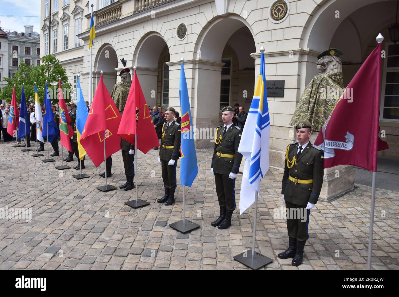Lviv, Ukraine. 06th May, 2023. Flags of Ukrainian military formations ...
