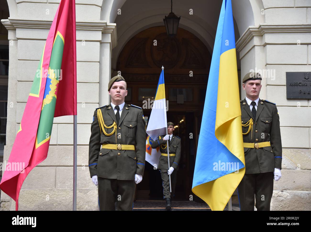 Lviv, Ukraine. 06th May, 2023. Flags of Ukrainian military formations ...