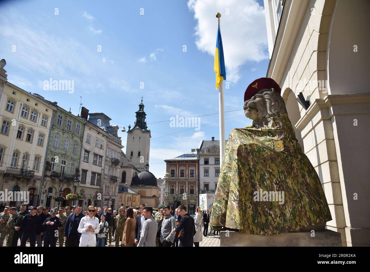 Lviv, Ukraine. 06th May, 2023. A sculpture of a lion, seen in front of ...