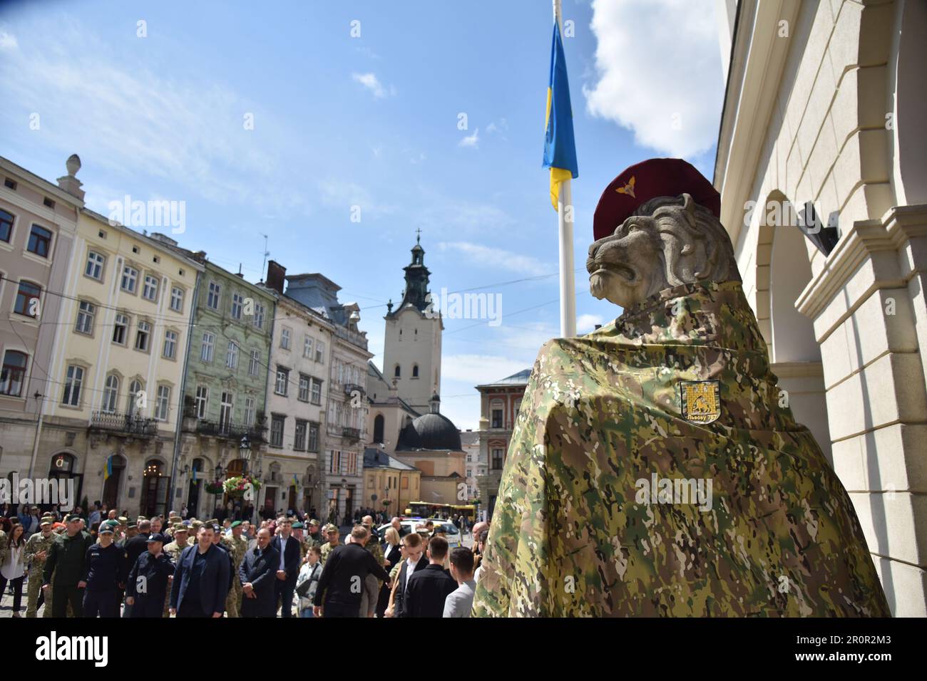 Lviv, Ukraine. 06th May, 2023. A sculpture of a lion, seen in front of ...