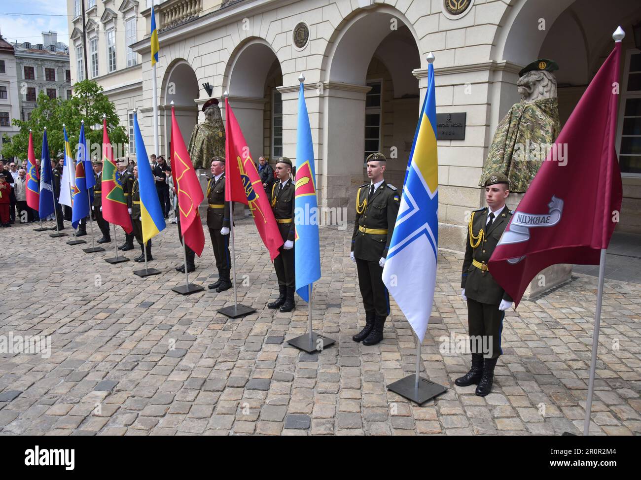 Lviv, Ukraine. 06th May, 2023. Flags of Ukrainian military formations ...