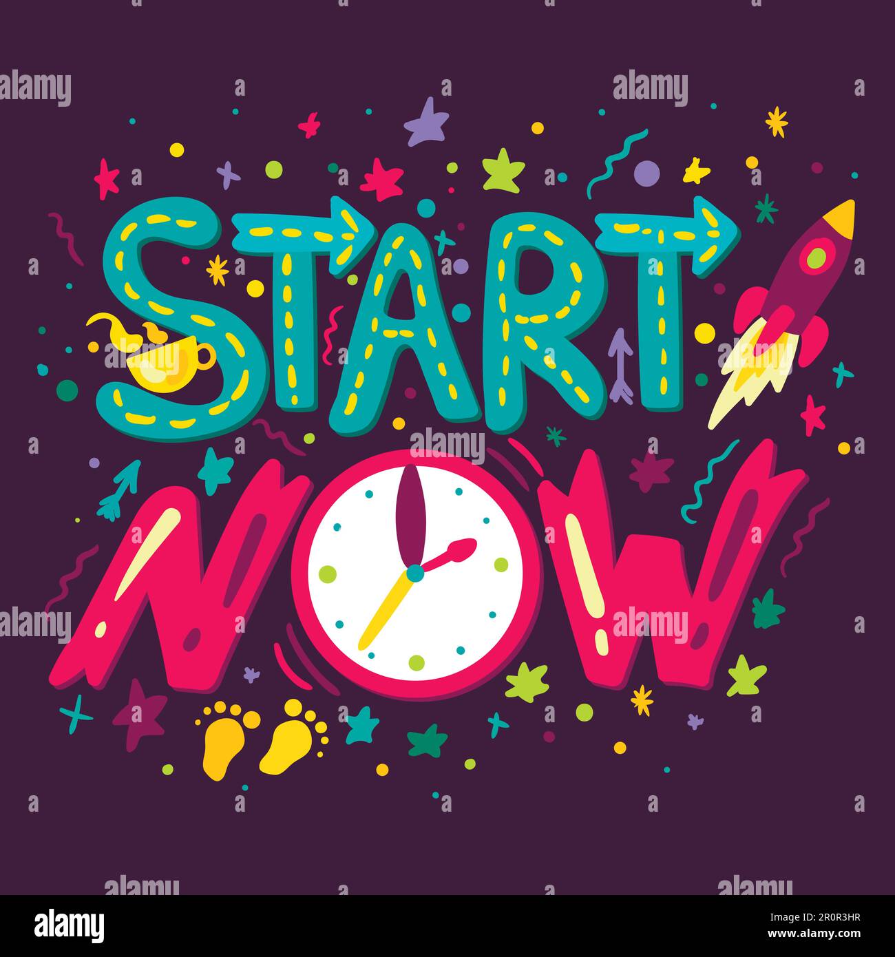 Start Now Concept With Rocket, Cup of Tea or Coffee and Clocks. Vector ...