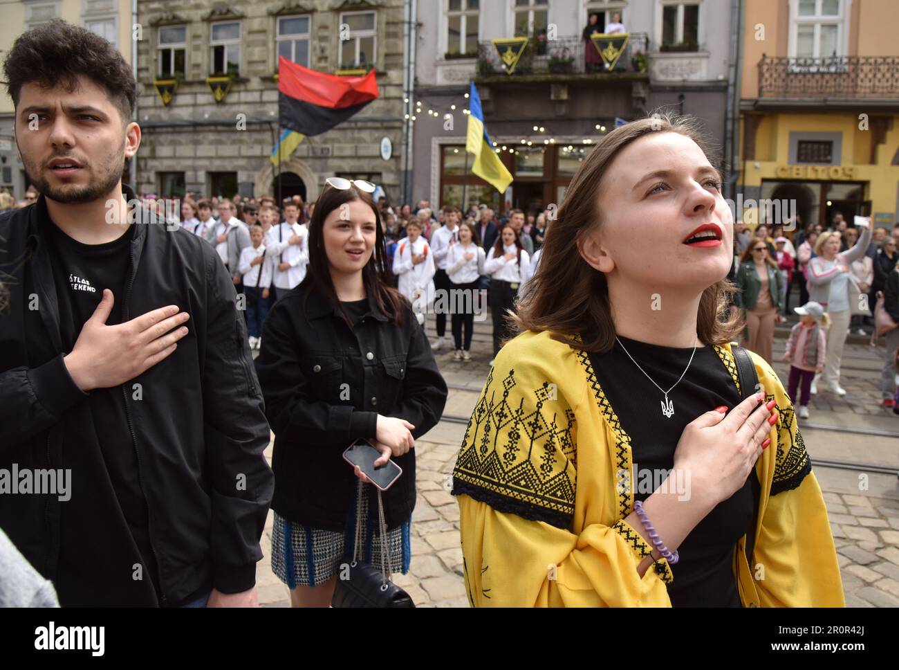 Lviv, Ukraine. 06th May, 2023. People sing the national anthem of ...