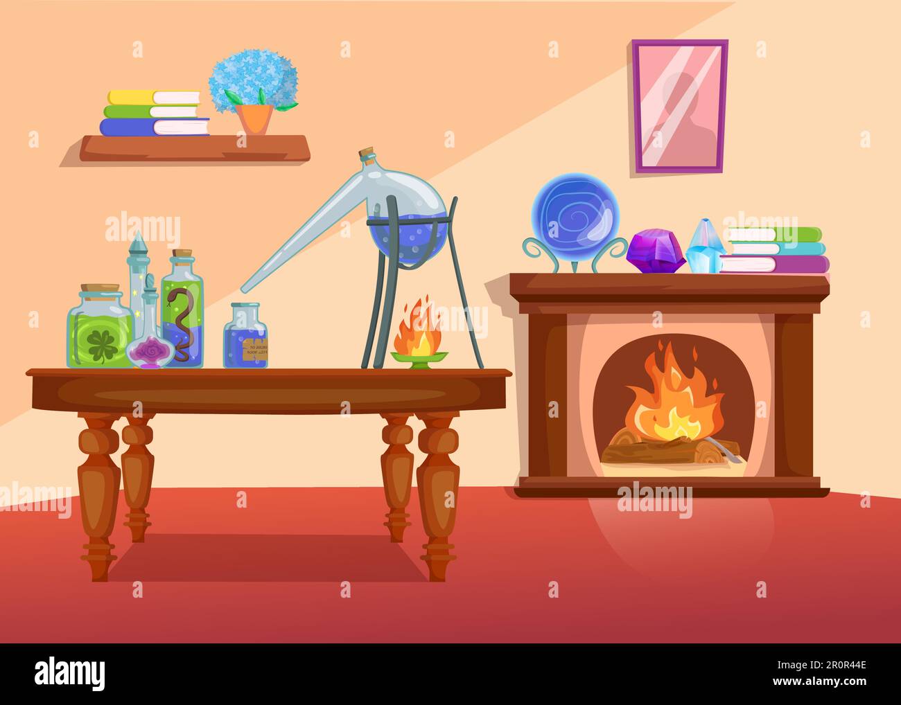 Witch room with potion in bottles, furniture and fireplace Stock Vector ...