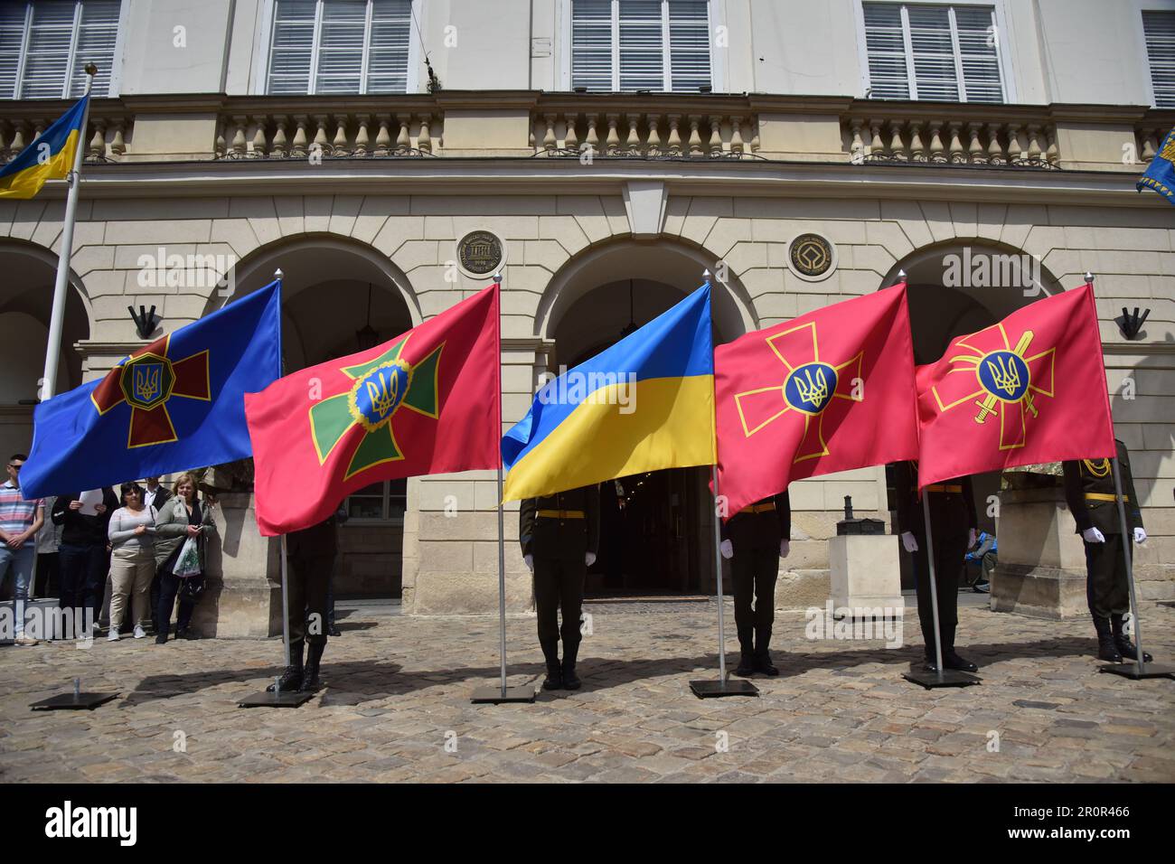Lviv, Ukraine. 06th May, 2023. Flags of Ukrainian military formations ...