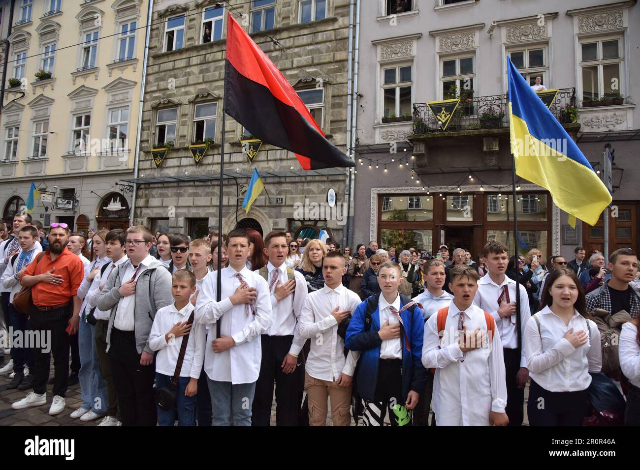 Lviv, Ukraine. 06th May, 2023. People sing the national anthem of ...