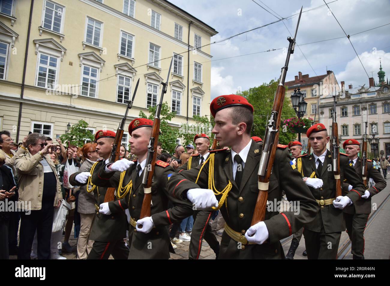 Lviv, Ukraine. 06th May, 2023. Honor guard march with rifles during the ...