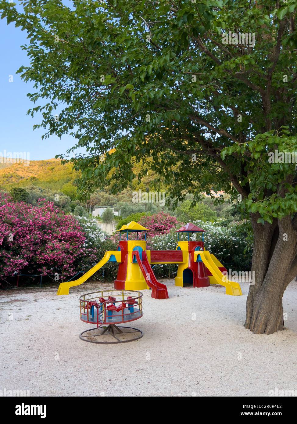 Colorful slides with transitions in the form of a castle next to the ...