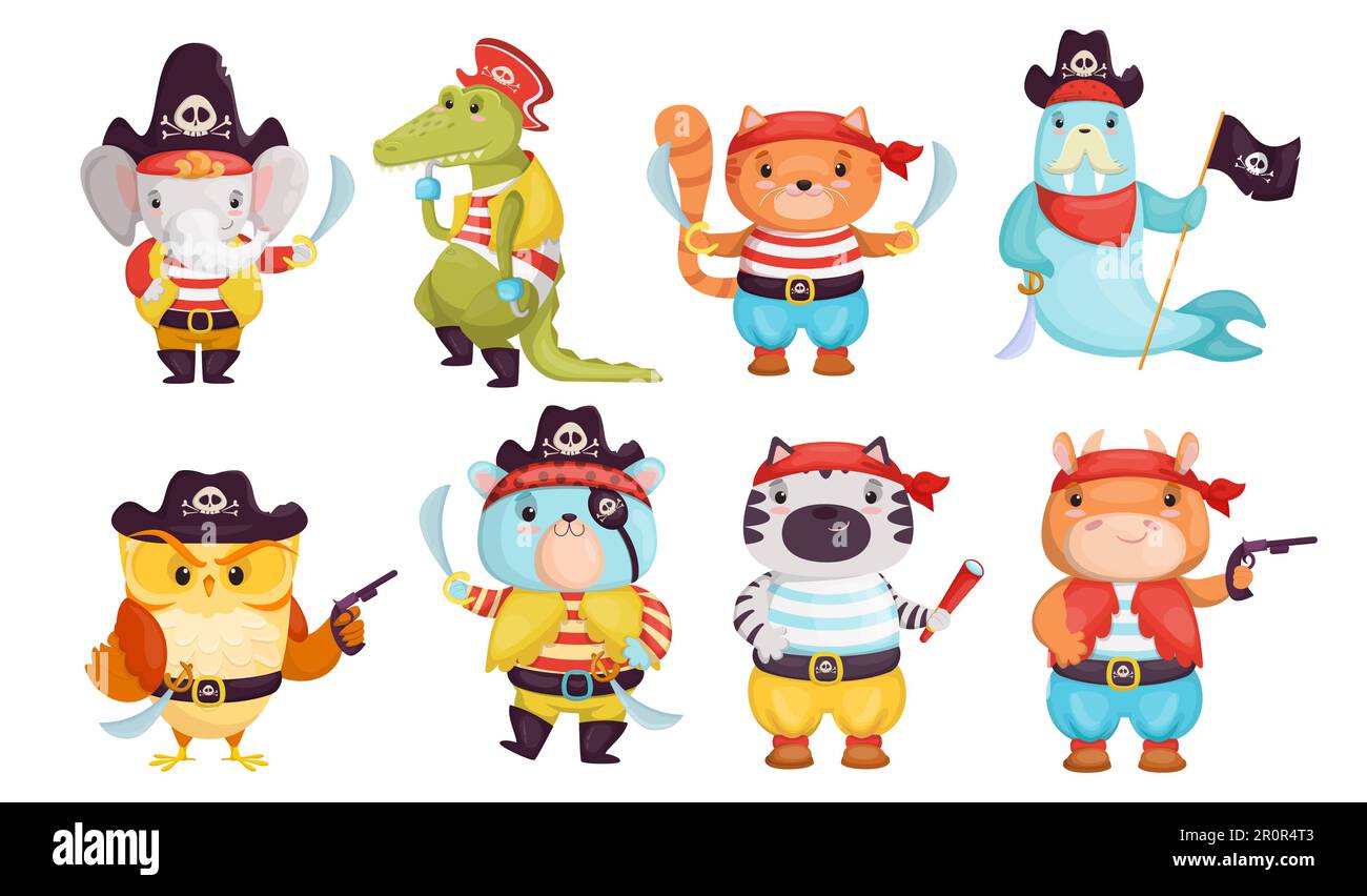 Bright funny pirate animals flat pictures set Stock Vector Image & Art ...