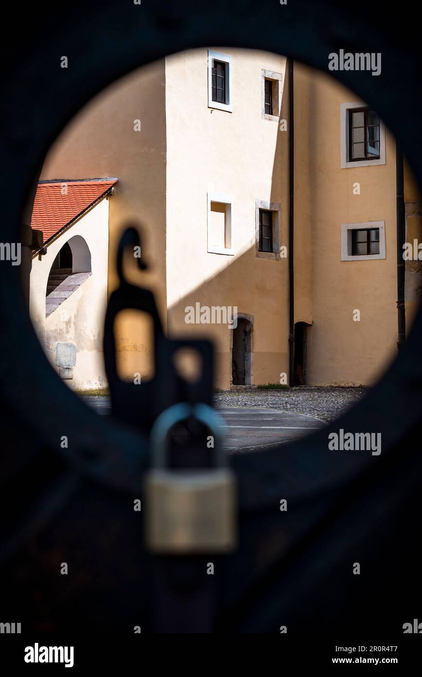 Inside of Mokrice castle fortress, observed through the circular hole ...