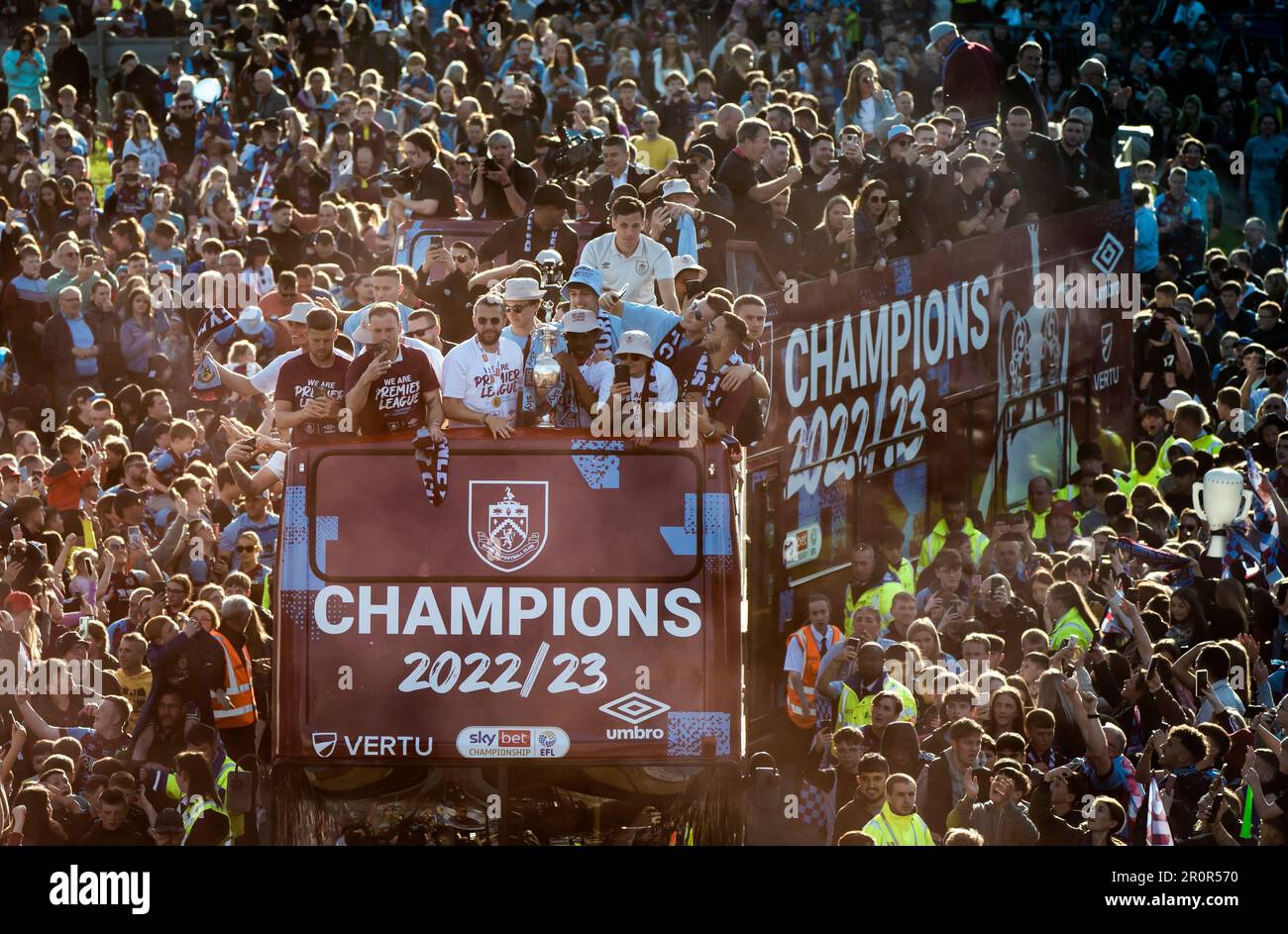 Burnley players during an open top bus parade from Burnley Town Hall to ...