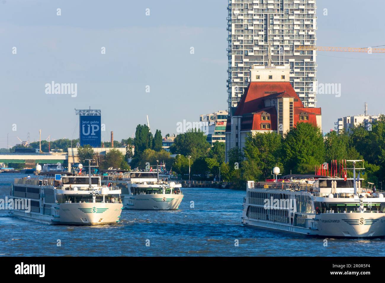 Vienna: cruise ships on river Donau (Danube), Marina Tower in 02 ...