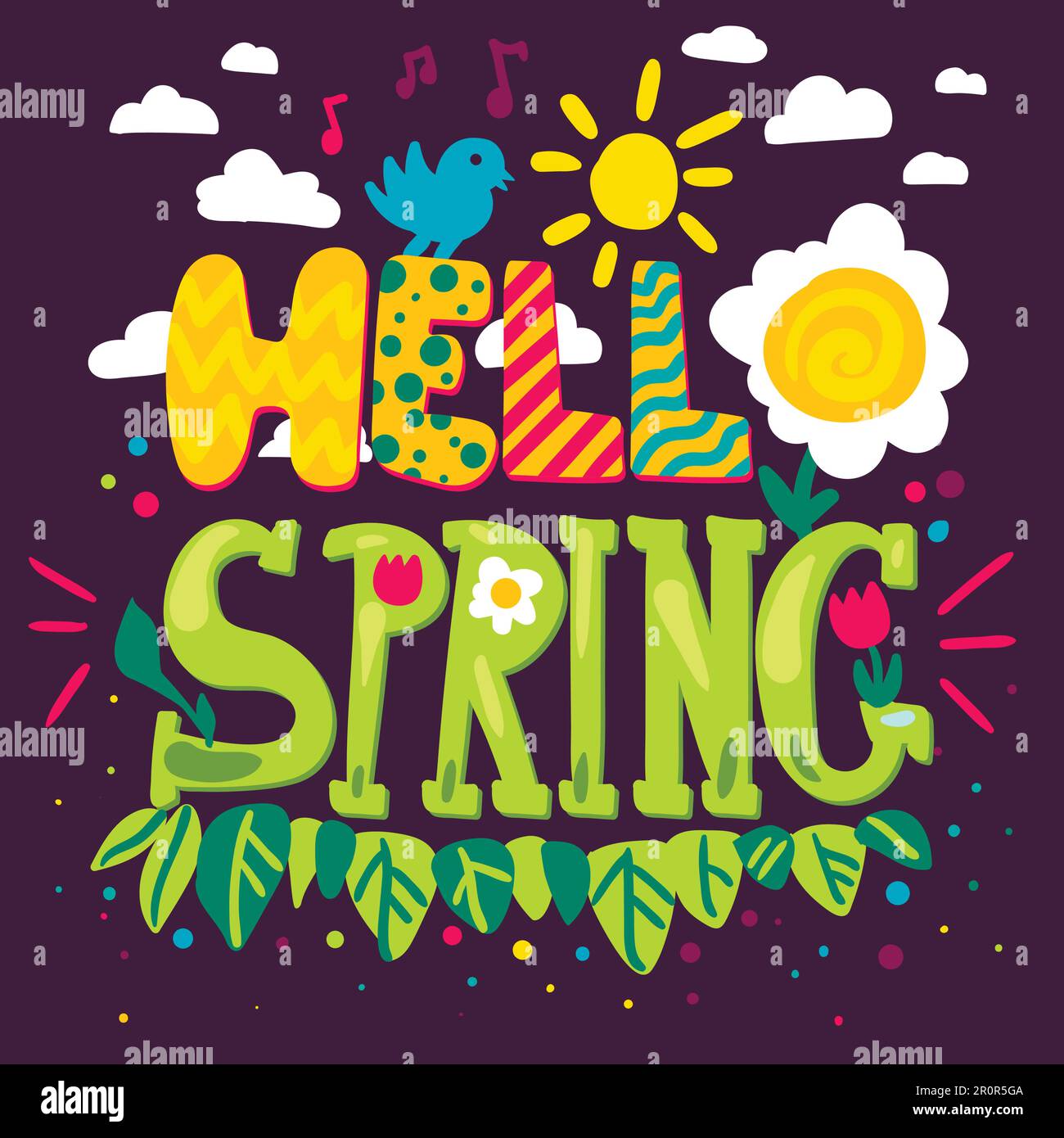 Hello Spring Concept With Flowers, Bird and Sun. Vector Stock Vector ...