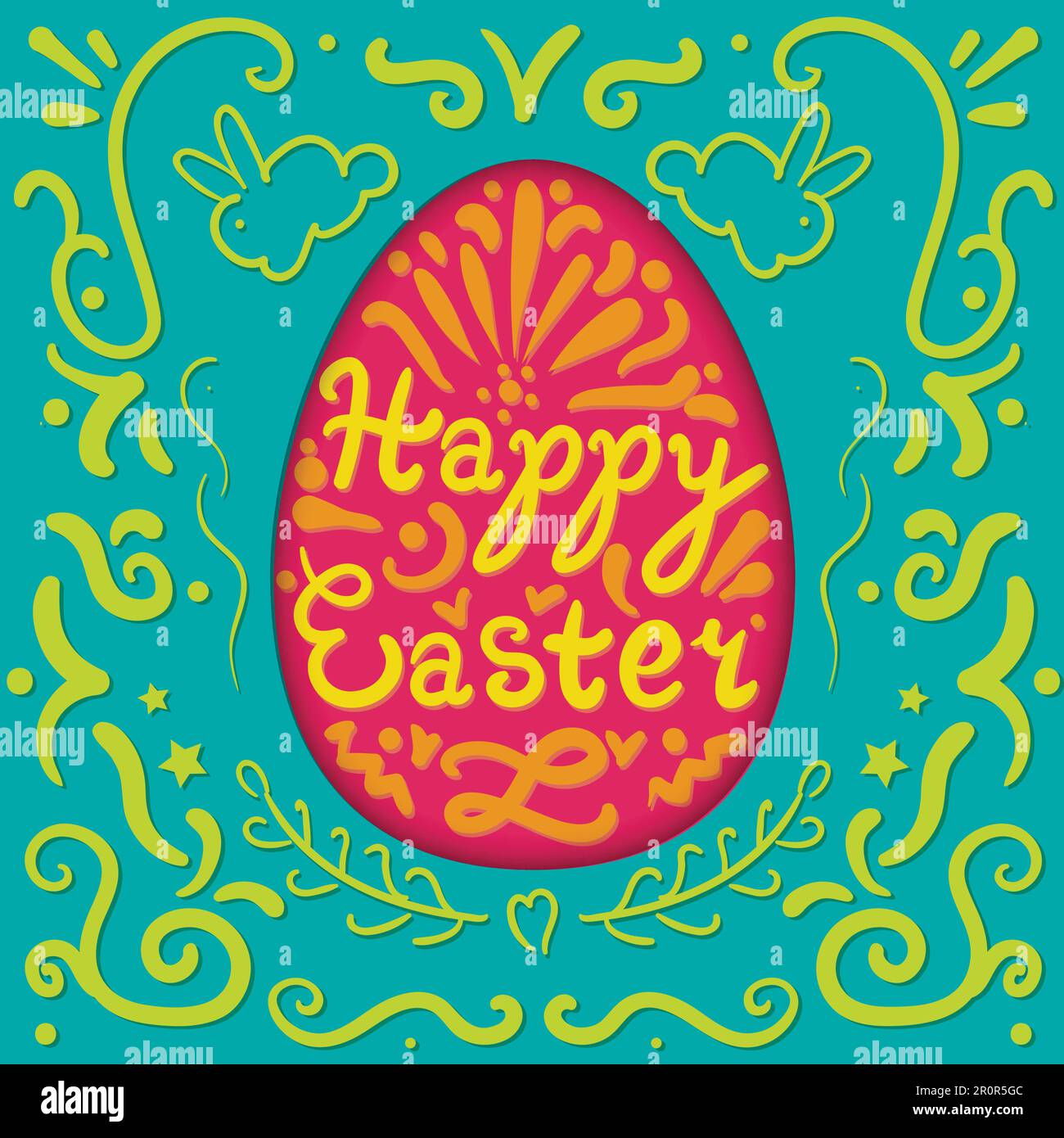 Vintage Happy Easter Lettering In Egg With Rabbits Vector Stock Vector