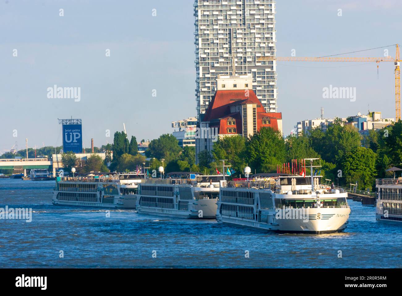 Vienna: cruise ships on river Donau (Danube), Marina Tower in 02 ...